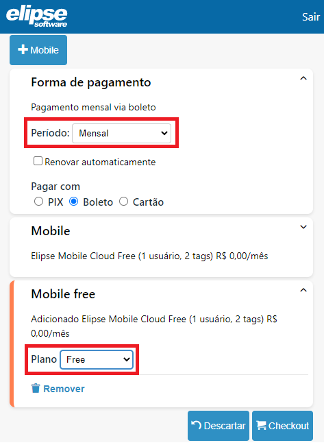 Elipse Mobile na nuvem em modo Demo.