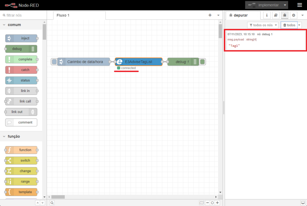 Configuração e utilização do driver E3 Node-RED.