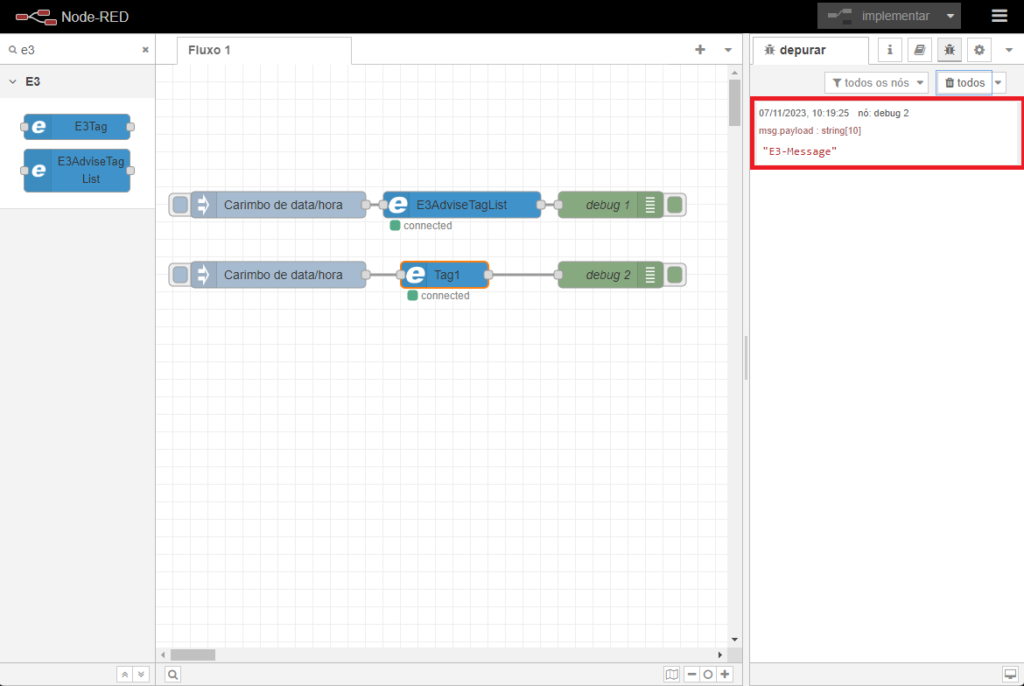 Configuração e utilização do driver E3 Node-RED.